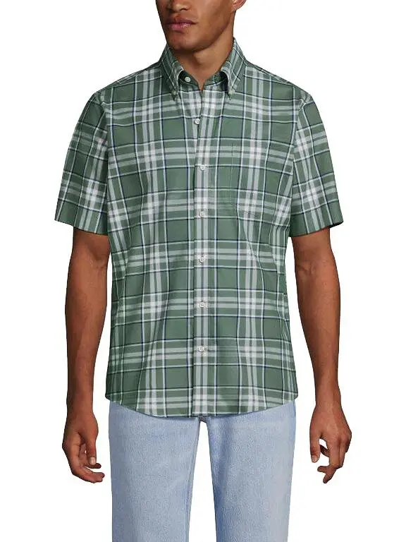 LANDS' END Short Sleeve No Iron Twill Shirt - Eucalyptus/navy Plaid