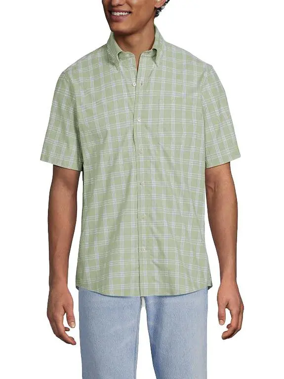 LANDS' END Short Sleeve No Iron Twill Shirt - Light Stone Green Plaid