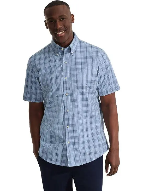 LANDS' END Short Sleeve No Iron Twill Shirt - Rain Storm Blue Windowpane