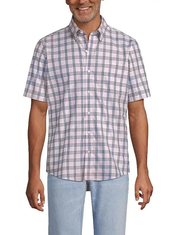 LANDS' END Short Sleeve No Iron Twill Shirt - Sea Salt Pink/navy Plaid