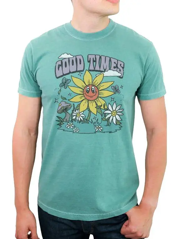 LOST GODS Good Times Retro Flowers Graphic T-shirt - Sea Foam