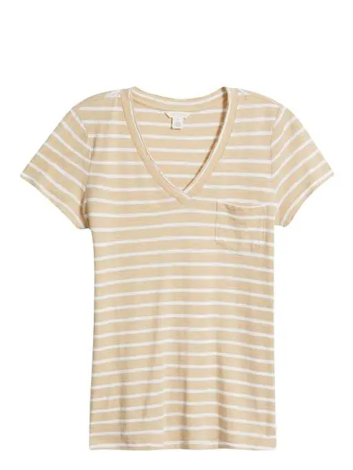 Caslon Cotton & Modal V-neck T-shirt - Tan- White Elizabeth Stripe