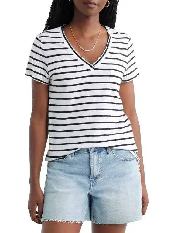 Caslon Cotton & Modal V-neck T-shirt - White- Black Elizabeth Stripe