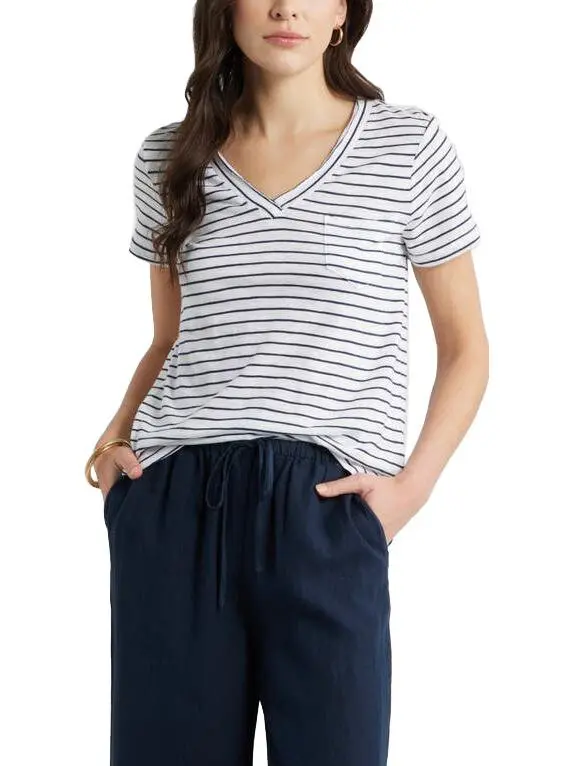 Caslon Cotton & Modal V-neck T-shirt - White-navy Still Emilia Stripe