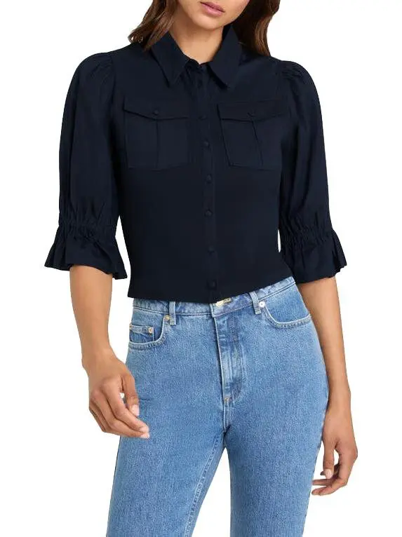 Cinq À Sept Lyric Mixed Media Stretch Cotton Shirt - Navy