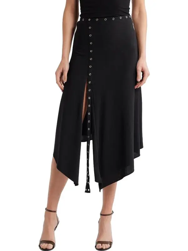 MISTRESS ROCKS Grommet Asymmetric Midi Skirt - Black