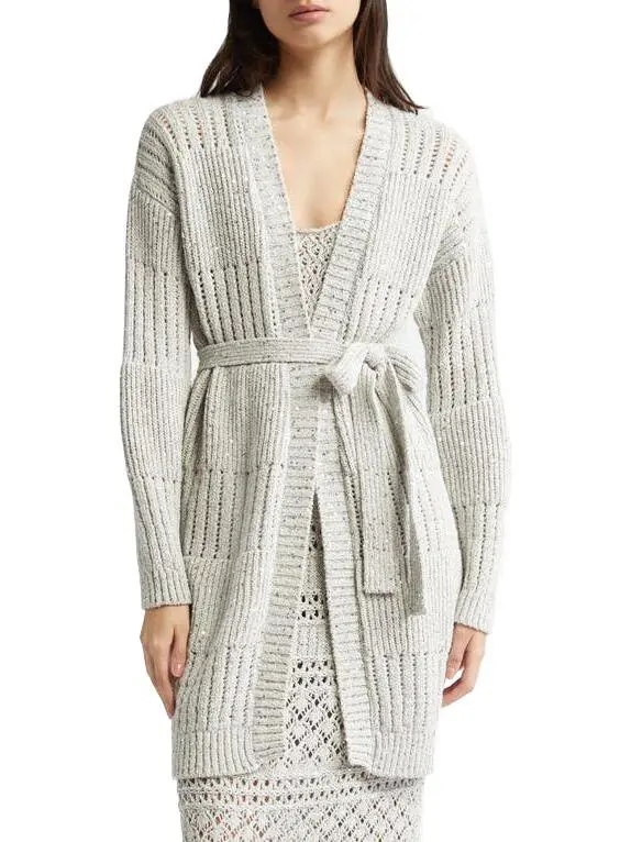 Eleventy Sequin Cotton-blend Belted Cardigan - Pearl Grey