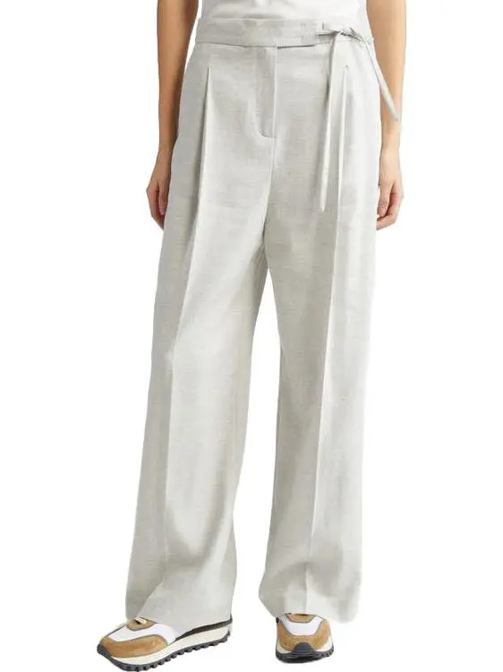 Eleventy Pleated Tie Waist Wide Leg Pants - Light Melange Grey