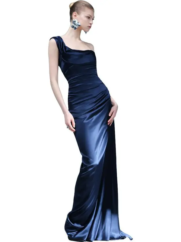 MARMAR HALIM One-shoulder Silk-satin Gown - Navy
