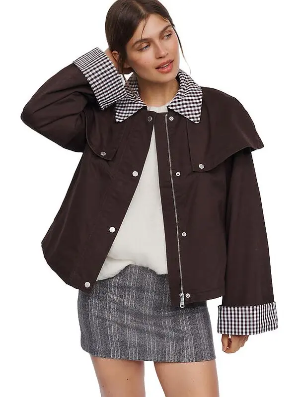 Avec Les Filles Gingham Trim Cape Jacket - Java Brown