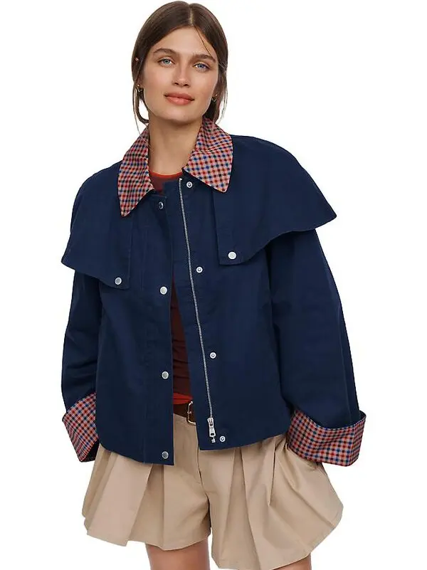 Avec Les Filles Gingham Trim Cape Jacket - Navy