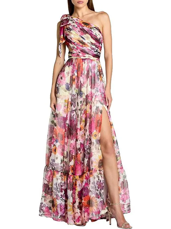 Mac Duggal One-shoulder Gown With Floral Print And Side Slit - White Multi