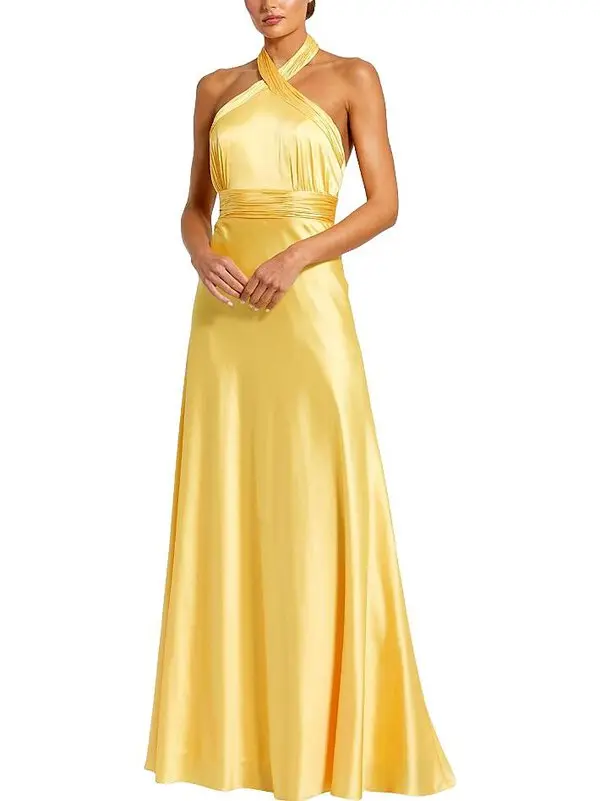 Mac Duggal Ruched Halter Neck Tie Back Gown - Lemon