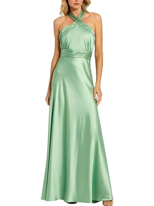 Mac Duggal Ruched Halter Neck Tie Back Gown - Sage
