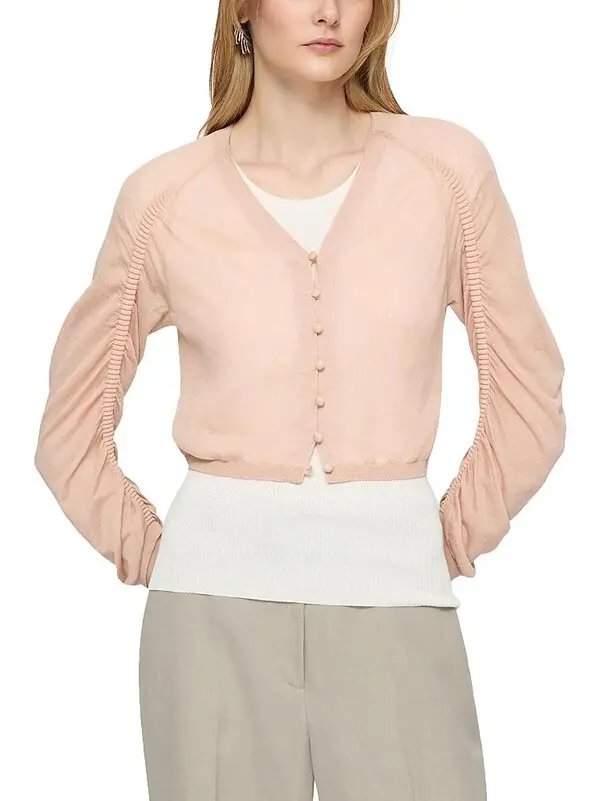 Lafayette 148 New York Ruched Sleeve Cropped Cardigan - Shell