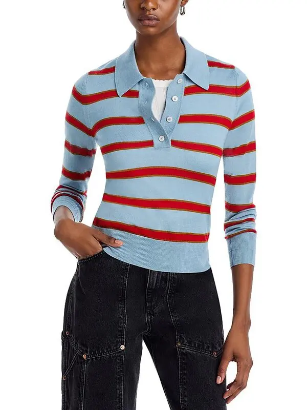 RE/DONE Memphis Striped Long Sleeve Polo Sweater - Pacific Stripe