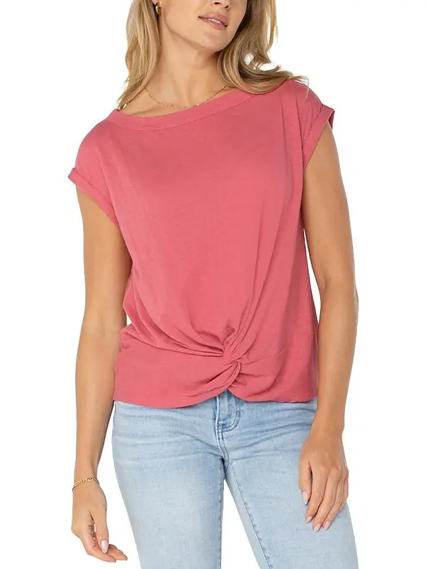 LIVERPOOL Knit Boat Neck Short Sleeve Top - Slate Rose