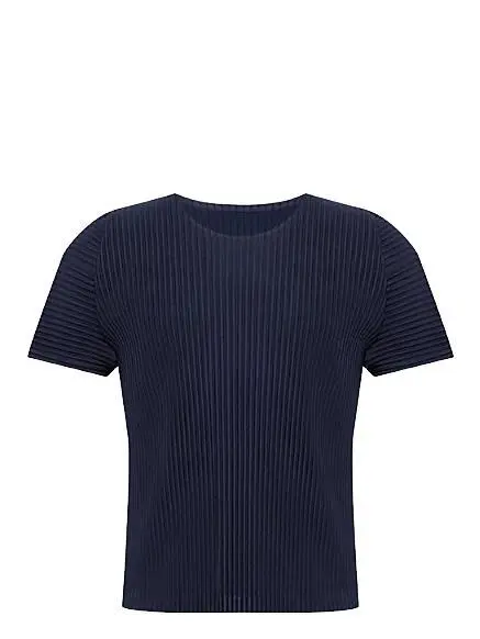 Issey Miyake Round-neck Pleated Knitted T-shirt - Navy