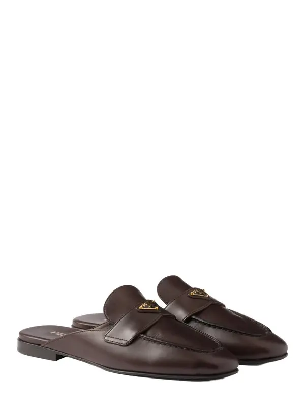 Prada Leather Slippers With Enameled Triangle Logo - Brown