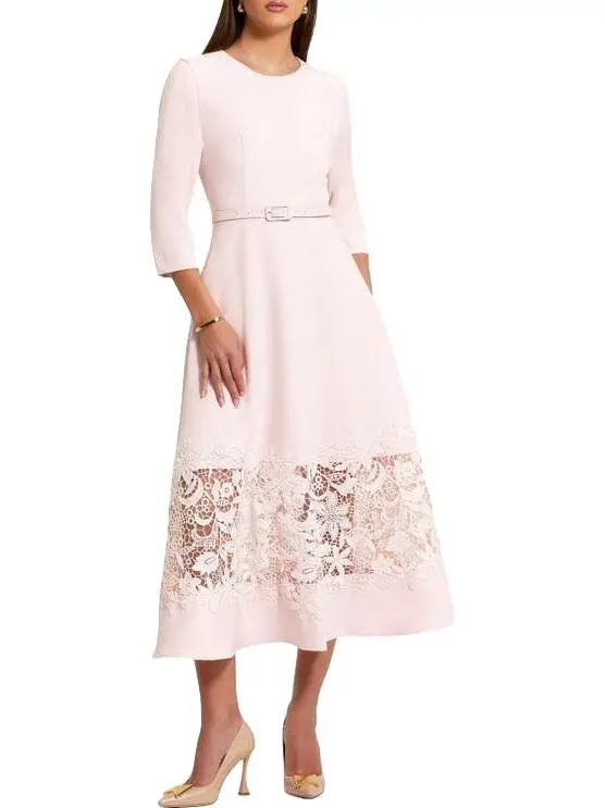 Mac Duggal Crepe Boat Neck Midi Dress With Applique - Blush