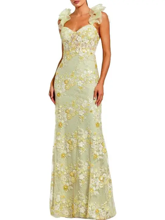 Mac Duggal Embroidered Lace Floral Gown With Ruffle Straps - Sage Multi