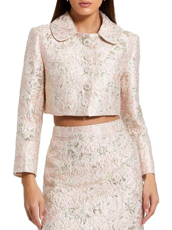 Mac Duggal Pearl Button Brocade Cropped Jacket - Blush Multi