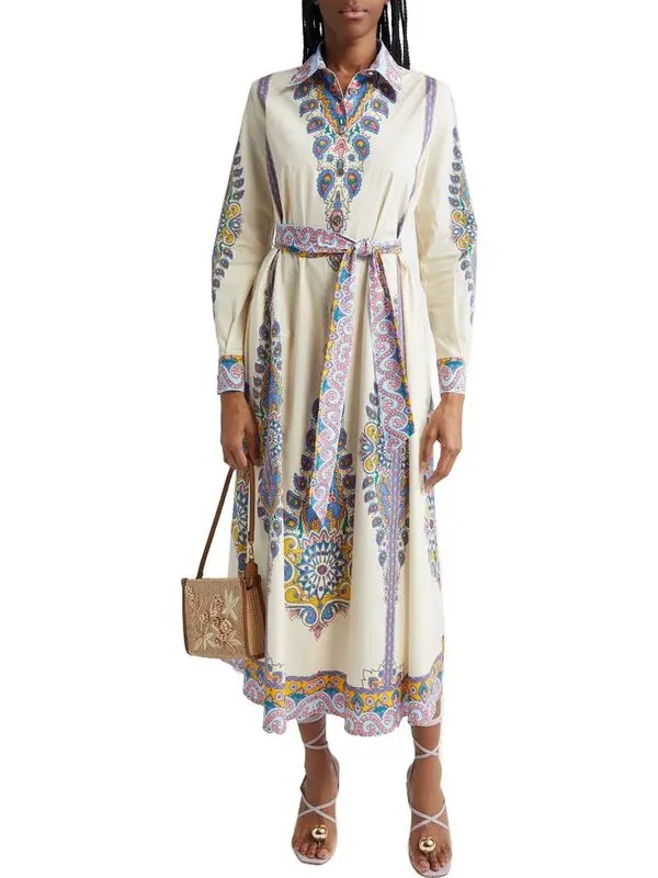 Etro Paisley Print Belted Cotton Shirt Dress - Stampa F.do Bianco