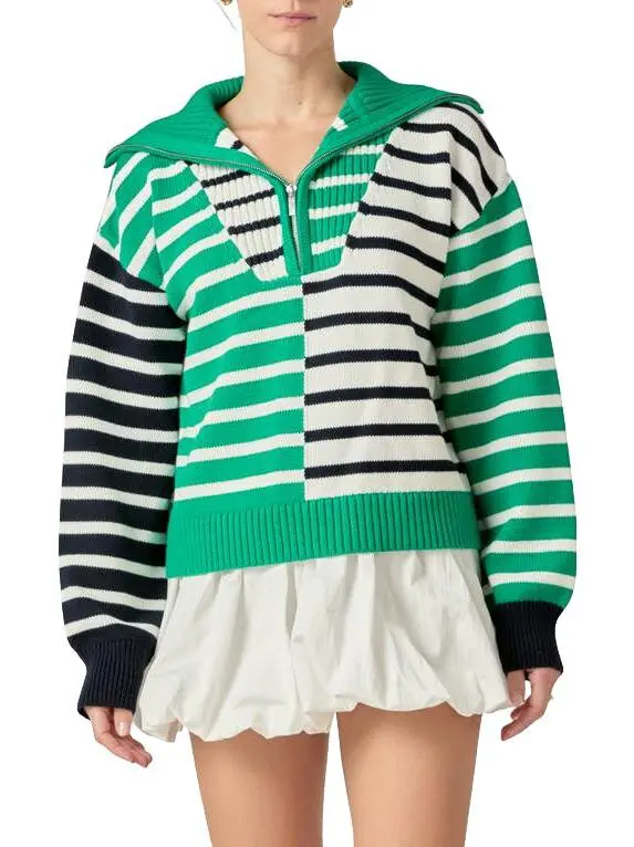 English Factory Striped Half Zip Pullover - Green/ Navy
