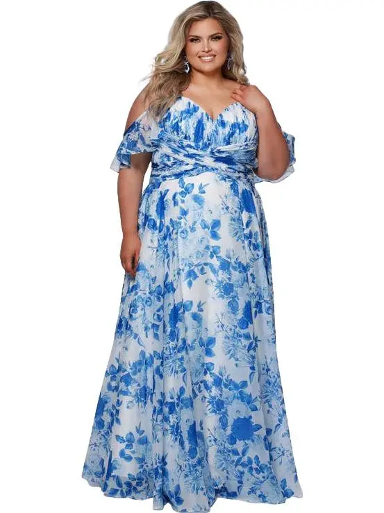 SYDNEY'S CLOSET Pleated Floral A-line Gown - Blue/white