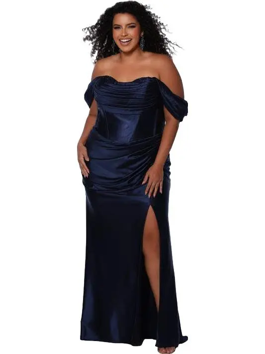 SYDNEY'S CLOSET Off-the-shoulder Fitted Evening Gown - Navy