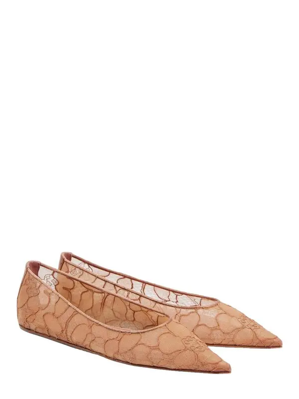 Amina Muaddi Barbara Lace Pointed Toe Ballet Flats - Beige