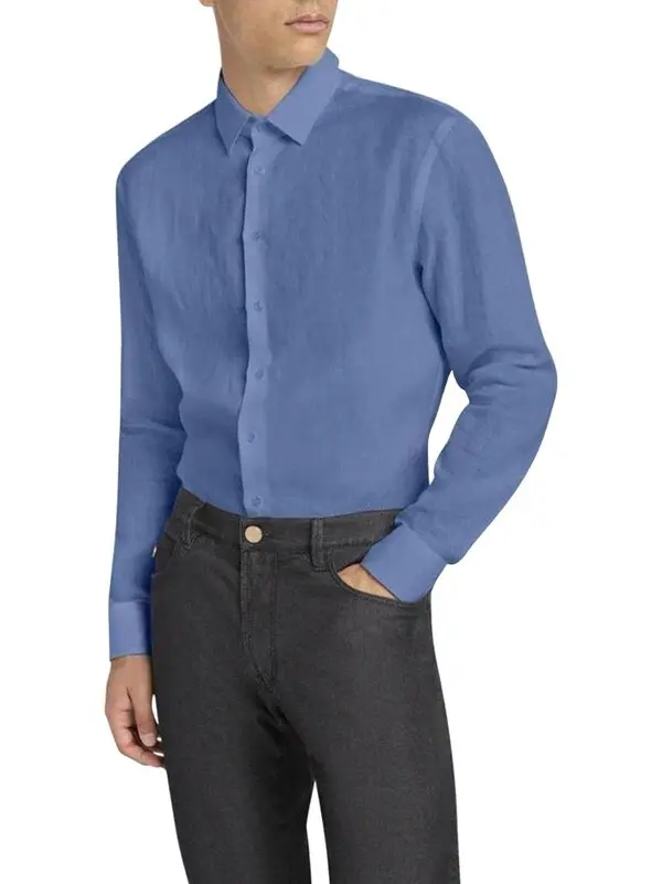 Giorgio Armani Apos;s Classic Solid Linen Sport Shirt - Medium Blue