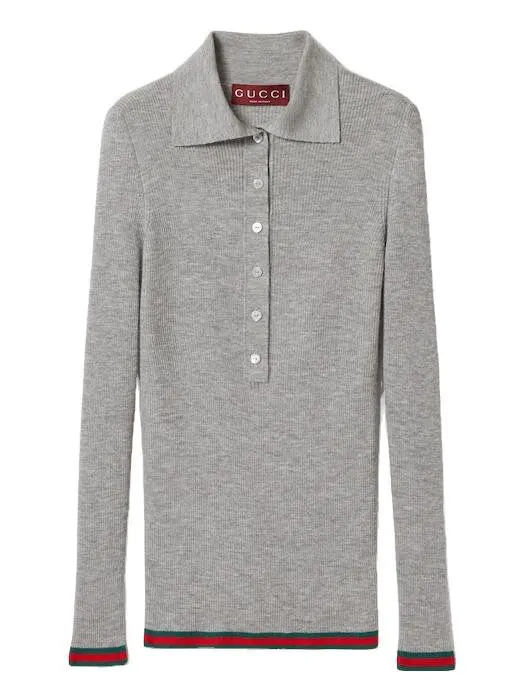 Gucci Cashmere And Silk Polo Top With Web - Grey