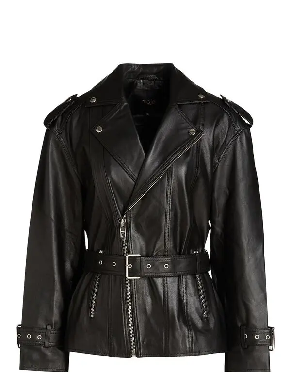 Maje Belted Leather Biker Jacket - Black