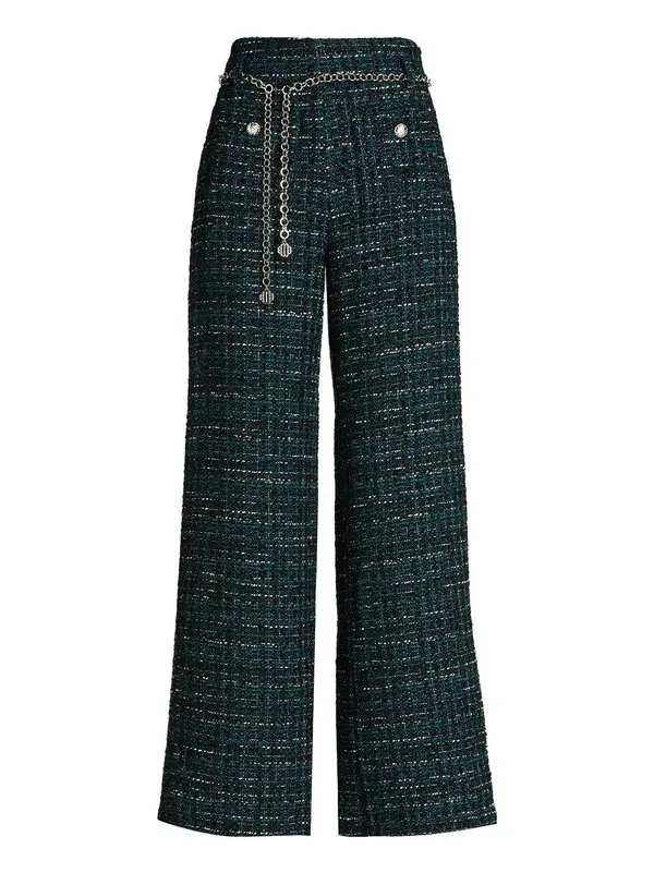 Maje Belted Metallic Bouclé-tweed Wide-leg Pants - Forest Green