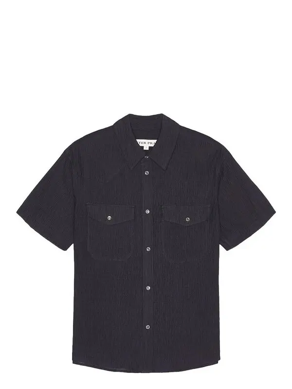 AFTER PRAY Western Seersucker Short Sleeve Shirt - Navy