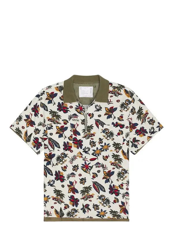 Sacai Car Race Tropical Print Polo Shirt In White - Ivory Tropical