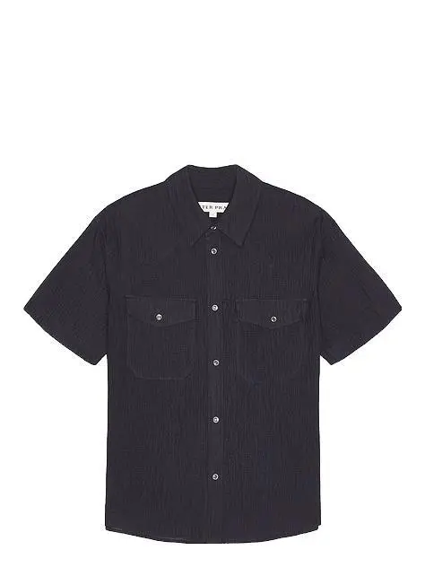 AFTER PRAY Western Seersucker Short Sleeve Shirt - Navy