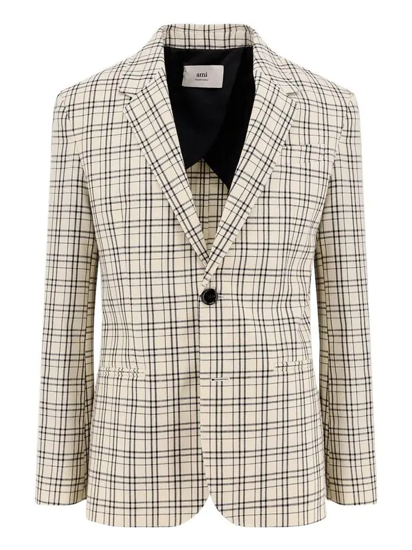 Ami Virgin Wool Blazer With Madras Motif - White