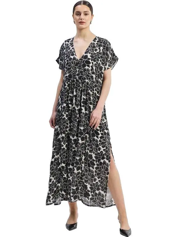 REISTOR Deep V-neck Maxi Dress With Front Gathers - Floral