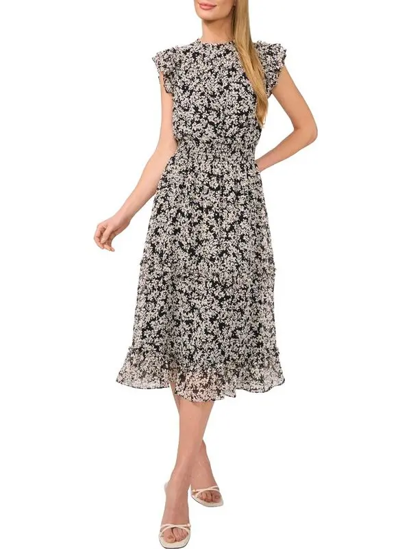CECE DUPRAZ Floral Flutter Sleeve Smocked Midi Dress - Rich Black