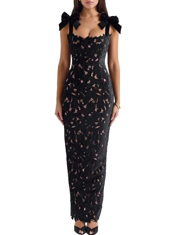 House Of Cb Tiff Velvet Lace Gown - Black