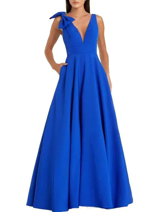 Mac Duggal Crepe Ballgown With Plunge Neckline And Bow Detail - Cobalt