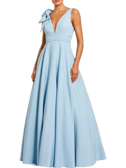 Mac Duggal Crepe Plunge Neck Ballgown With Bow - Powder Blue