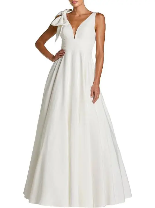 Mac Duggal Crepe Plunge Neck Ballgown With Bow - White