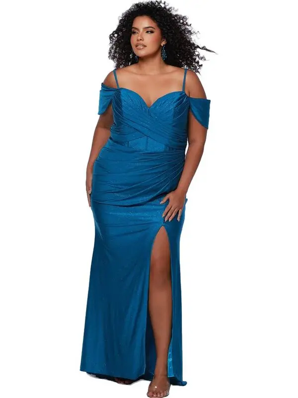 SYDNEY'S CLOSET Sweetheart Neckline Drape Sleeve Gown - Turq