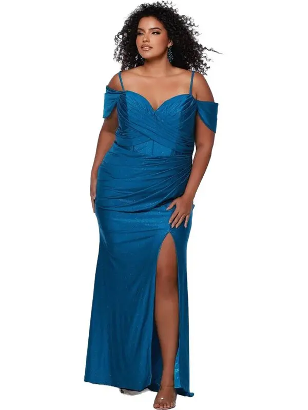 SYDNEY'S CLOSET Sweetheart Neckline Drape Sleeve Gown - Turq