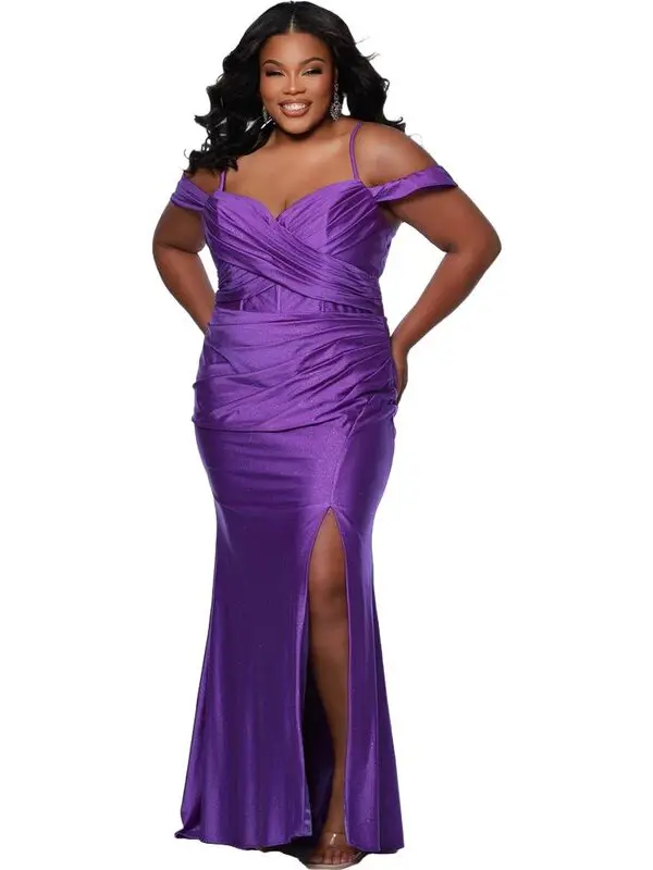 SYDNEY'S CLOSET Sweetheart Neckline Drape Sleeve Gown - Violet