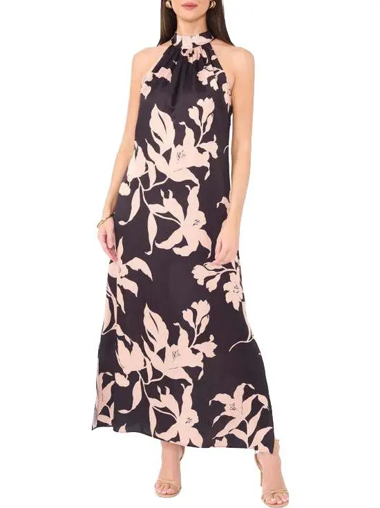 Vince Camuto Floral Maxi Halter Dress - Rich Black