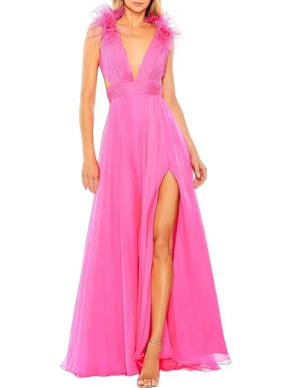 Mac Duggal Feathered Collar A-line Gown - Hot Pink